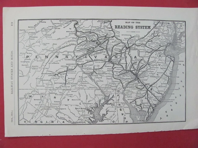 1911 READING RAILROAD Original System Map Routes Stations Rdg Rr ...