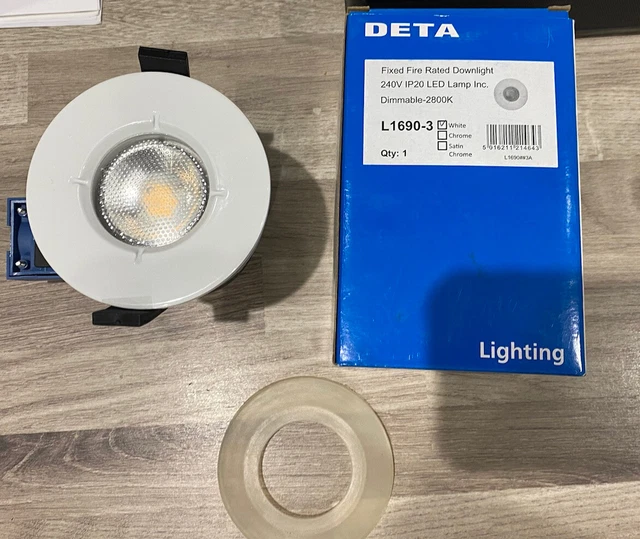 DETA LED FIRE Rated Fixed Downlight WHITE 2800K Inc 5W Dimmable Lamp ...