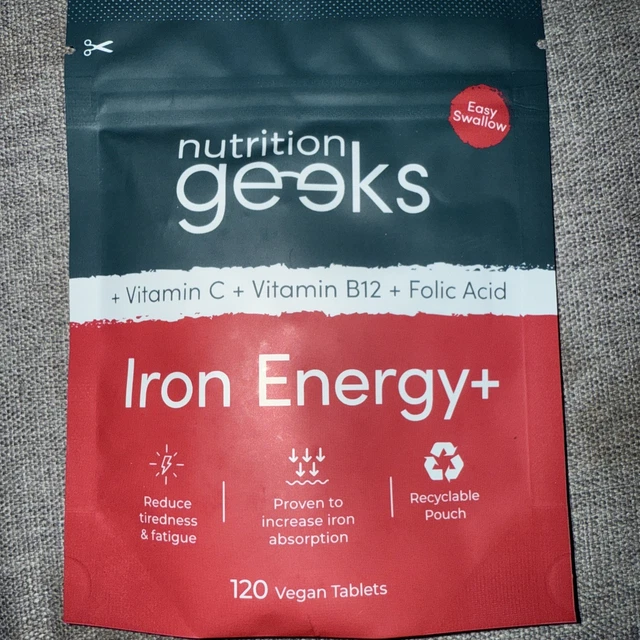 NUTRITION GEEKS IRON Energy+ 120 Vegan Tablets Vitamin C, B12, Folic ...