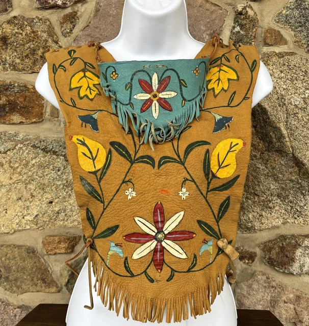 VINTAGE HAND PAINTED Leather Vest and Bib Native American Style - Small ...