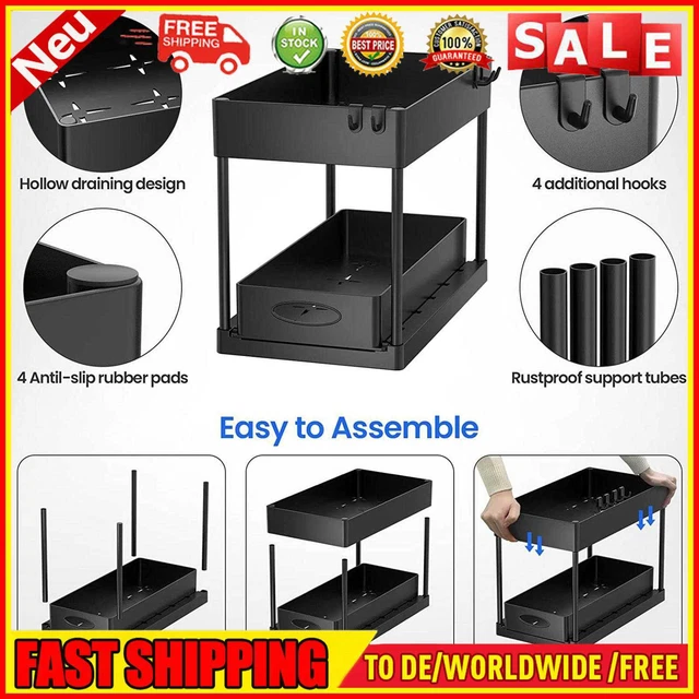 2-TIER UNDER SINK Sliding Cabinet Organizer Drawer Multi-Purpose ...