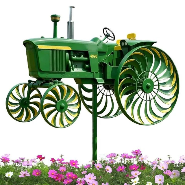 GARDEN WIND SPINNER, Green Tractor Windmill Stake with Rotating Wheels ...