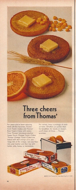 1969 THOMAS TOAST-R-CAKES Print Ad Bran Orange Corn Three Cheers ...