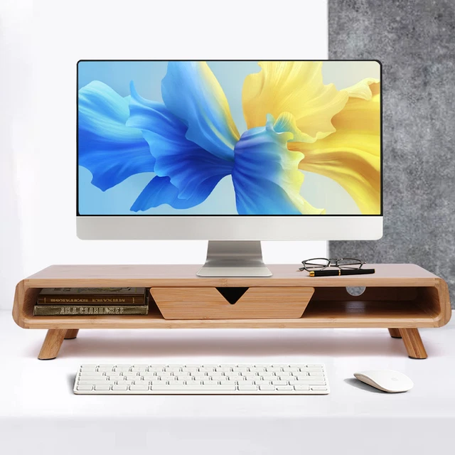 SCREEN MONITOR STAND Bamboo with Storage Organizer 2 Tier PC Stand ...