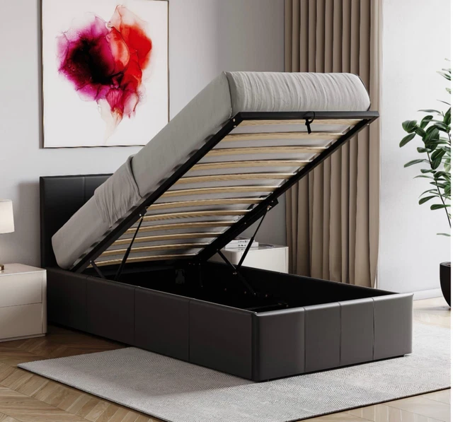 SINGLE LIFT-UP OTTOMAN Storage Bed Frame/Base, Grey Upholstered Faux ...