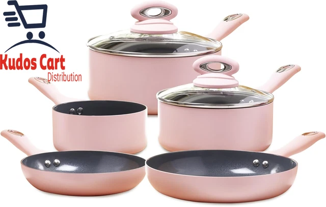 BLUSH PINK 5-PIECE Ceramic Cookware Set - Includes 2X Frying Pans and ...