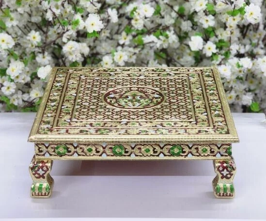 INDIAN TRADITIONAL SITTING Stool Oxidized Bajot Wooden Chowki for Puja ...