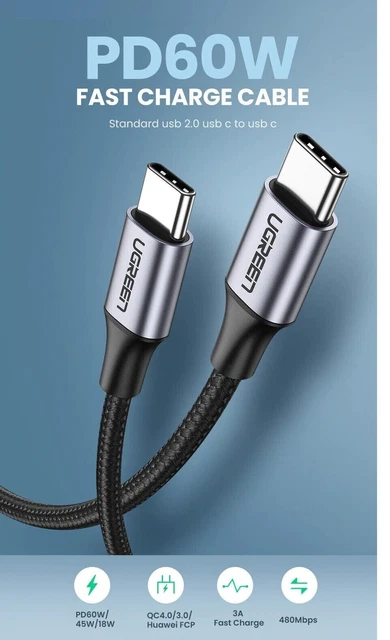 UGREEN USB TYPE C to USB Type-C Cable Braided 100W 60W PD QC 3.0 4.0 Fast Charge £8.99 - PicClick UK