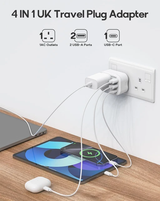 UK TRAVEL ADAPTER, AU to UK Plug Adapter with 1 USB-C 2 USB-A, Travel ...