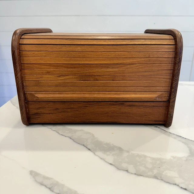 VTG MCM EIN Teak Wood Tambour Roll Top Wood Storage Box Desktop $52.37 ...