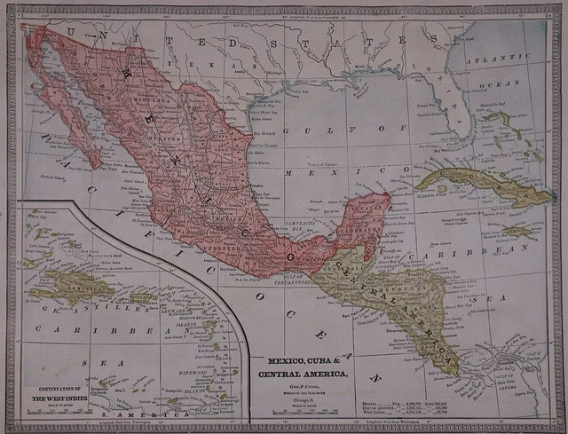 OLD ANTIQUE 1885 Cram's Atlas Map ~ MEXICO - CENTRAL AMERICA ...