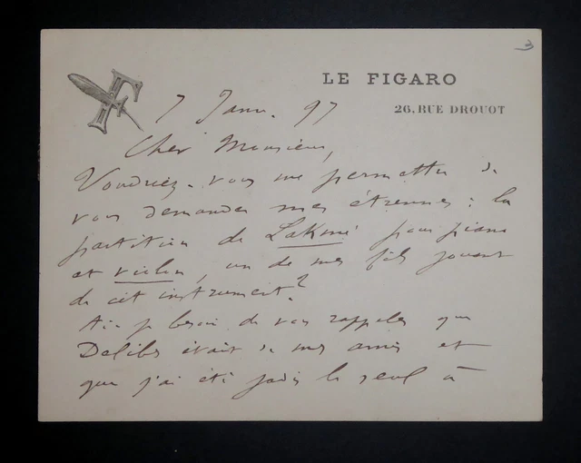 CHINCHOLLE CHARLES HENRI - CARTE AUTOGRAPHE SIGNEE FIGARO 1897 VAN ZANDT LAKME EUR 57,00 ...