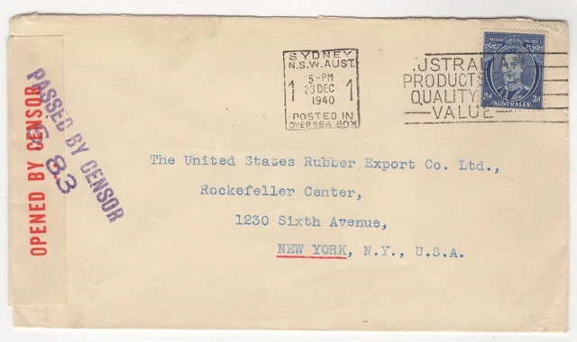 1940 DEC 23RD. Censor Cover. Sydney to New York, USA. $14.50 - PicClick AU