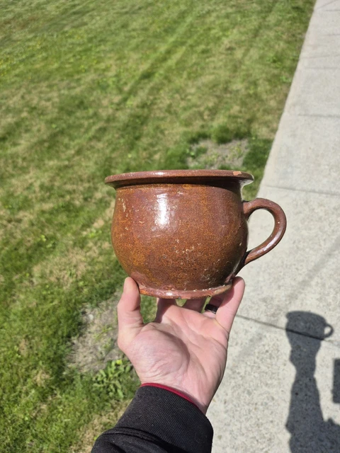 ANTIQUE EARLY PRIMITIVE Redware Stoneware Small Size Chamber Pot Privy ...