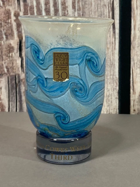 ISLE OF WIGHT Glass Timothy Harris Vase on Base Blue Sea Swirl 30th ...