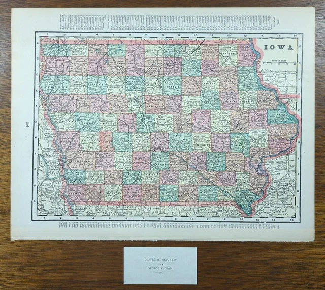 VINTAGE 1900 IOWA Map 14"x11" ~ Old Antique Original MASON CITY DES ...