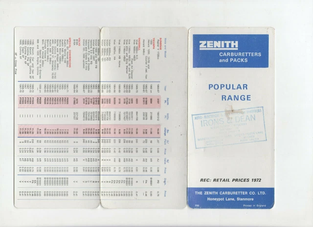 VINTAGE ZENITH CARBURETTOR Price List / Parts Chart - Popular Cars ...