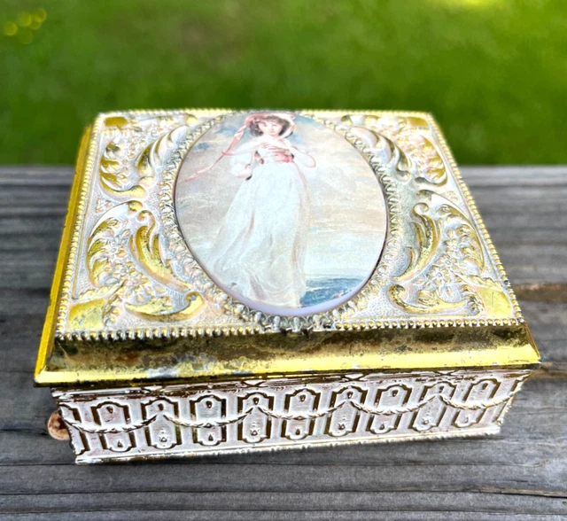VINTAGE SMALL FOOTED Ornate Lady Metal Trinket Jewelry Box Red Velvet ...