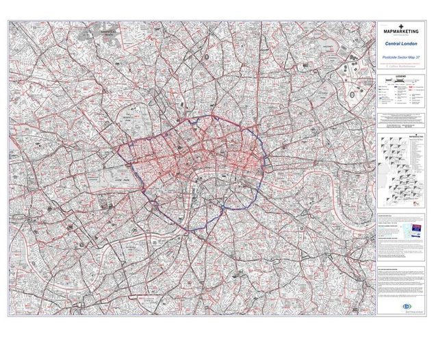 CENTRAL LONDON POSTCODE Sector Map 37 Wall Map With Motorway A & B ...