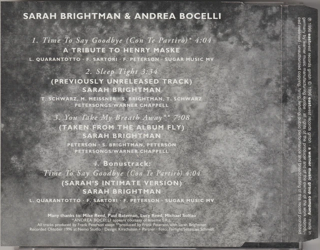 SARAH BRIGHTMAN &ANDREA Bocelli - Time To Say Goodbye (Con Te Partirò) (Maxi-CD) EUR 2,00 ...