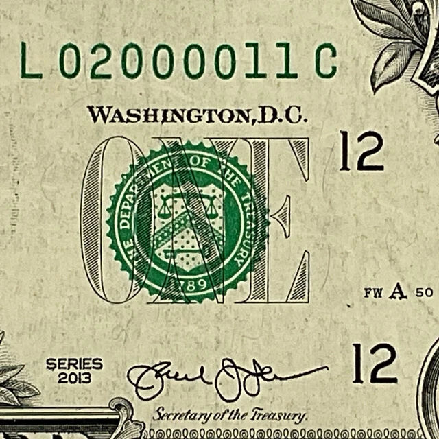 TRUE TRINARY FANCY Serial Number One Dollar Bill L02000011C FW Five Of ...