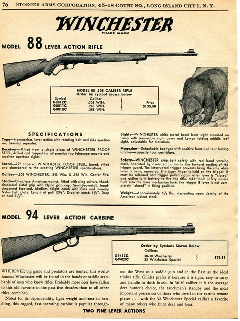 1959 PRINT AD of Winchester Model 88 & 94 Lever Action Rifle $9.99 ...