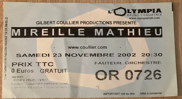 MIREILLE MATHIEU - Ticket concert n° OR 726 - Olympia Paris - 23 ...