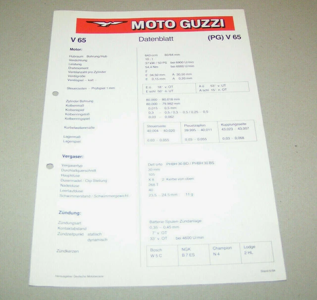FICHE TECHNIQUE / Valeurs De Réglage Moto Guzzi V 65 - Année 1984 EUR 8 ...