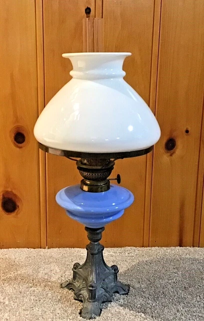 ANTIQUE OIL PEG Lamp Blue Font & Milk glass shade, Chimney - DITMAR ...