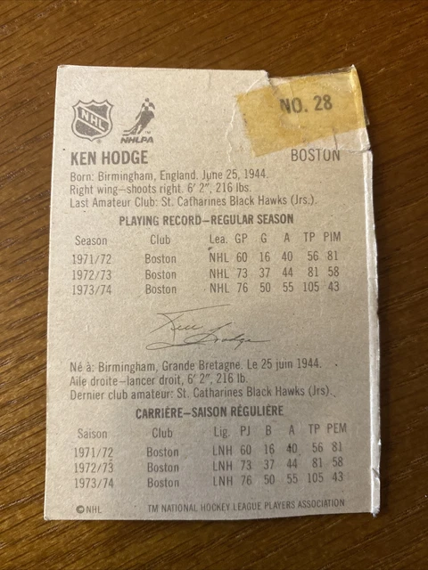 1974-75 LIPTON SOUP Hockey Card #28 Ken Hodge Boston Bruins $1.49 ...