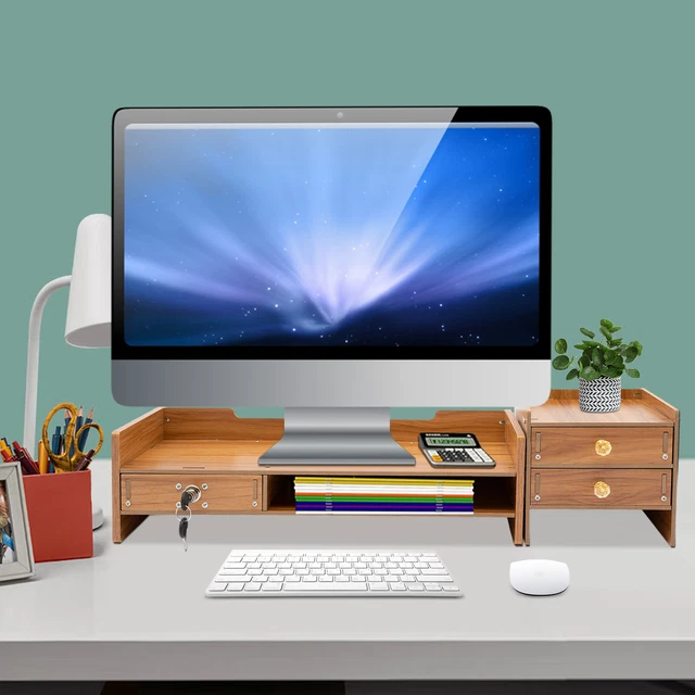 WOOD MONITOR STAND Riser Computer Laptop Desktop Organizer With Drawers ...
