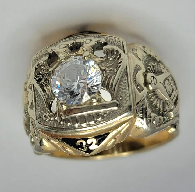 VINTAGE 14K GOLD 32nd degree Masonic Master Symbols Ring Size 11 - 15 ...