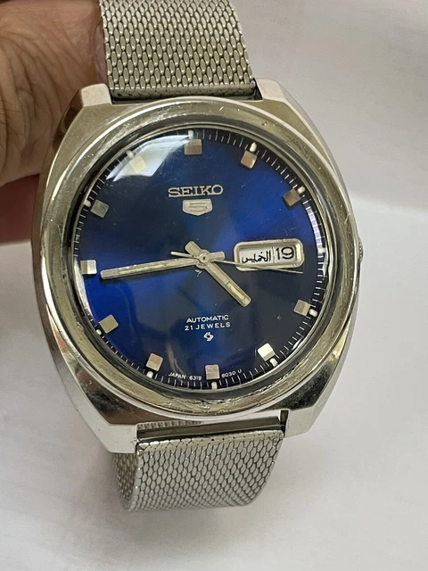 VINTAGE SEIKO 5 6309-6240 automatico Raro QUADRANTE BLU DATA GIORNO SS ...