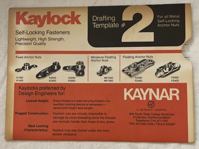 VINTAGE KAYLOCK KAYNAR MFG CO. Anchor Nuts Drafting Design Template No ...