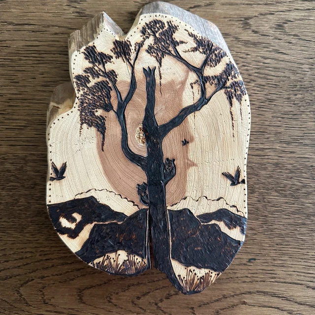 WOOD BURNING PYROGRAPHY Hanging Wall Art Plaque, Tree w/Bat 7.5" $24.99 ...