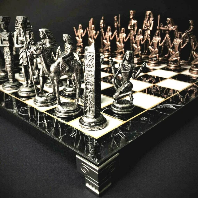 ANTIQUE CHESS SET Ancient Egyptian Pyramids Chess Pieces and Wooden ...