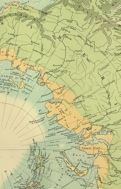 1891 ANTIQUE MAP North Polar Chart Arctic Explorers Spitzbergen Liakov ...