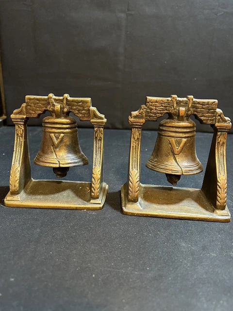 BOOKENDS: CAST BRONZE Liberty Bell, RARE "V" for Victory in the First ...