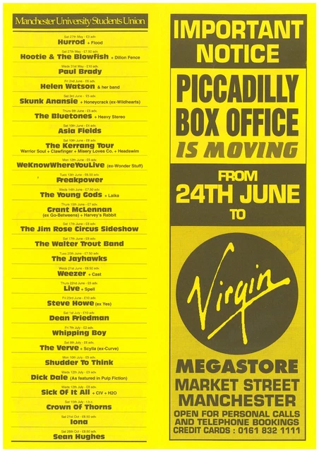 MANCHESTER ACADEMY 1995 flyer Jimmy Barnes Pulp The Verve Weezer Steve ...