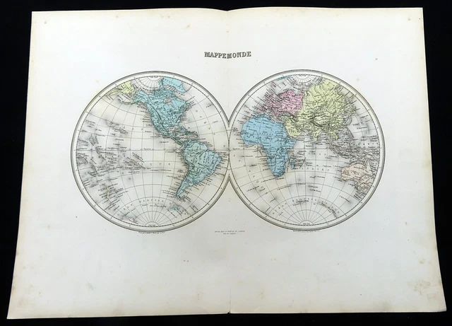 LARGE ANTIQUE MAP of the World Globe Hemisphere French hand Coloured ...