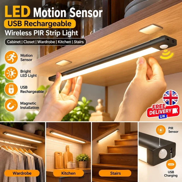 LED MOTION SENSOR Light USB Rechargeable PIR Wireless Strip Lamp ...