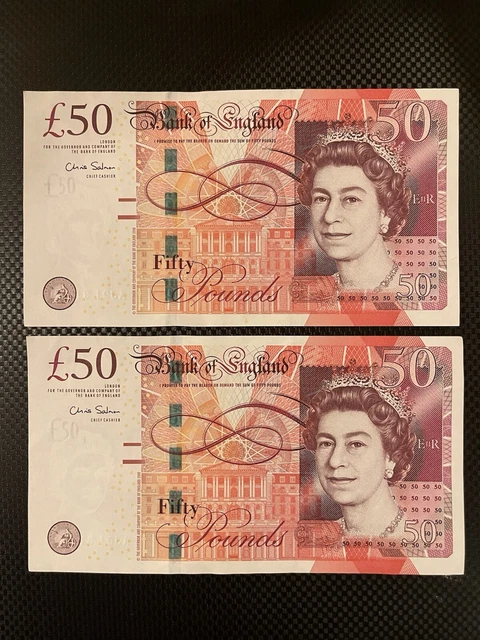 2 X OLD British fifty Pound Notes-Consecutive number-very good ...