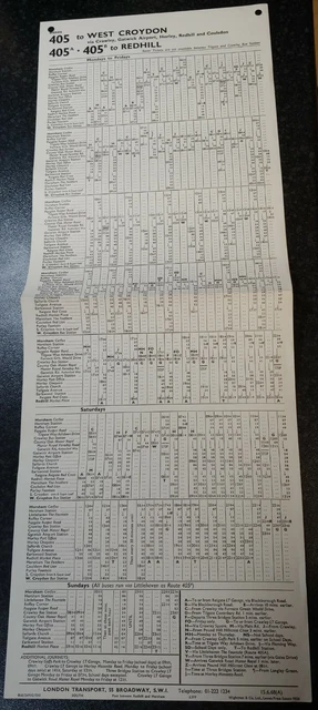 LONDON TRANSPORT BUS Stop Panel Timetable Route 405,405A,405B 15/6/68(A ...