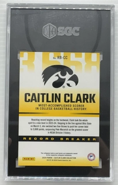2024 PANINI CAITLIN Clark Coll Record Breaker Rookie RC #RB-CC SGC ...
