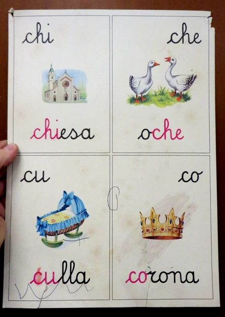 CARTELLO / ALFABETIERE PER SCUOLA ELEMENTARE - VINTAGE - CHI CHE CU CO ...