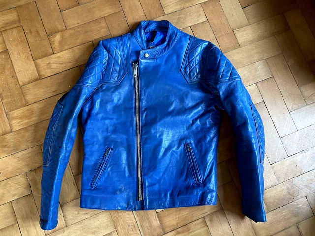 VINTAGE KETT BIKER leather jacket motorcycle zips blue sz 40-42 S-M ...