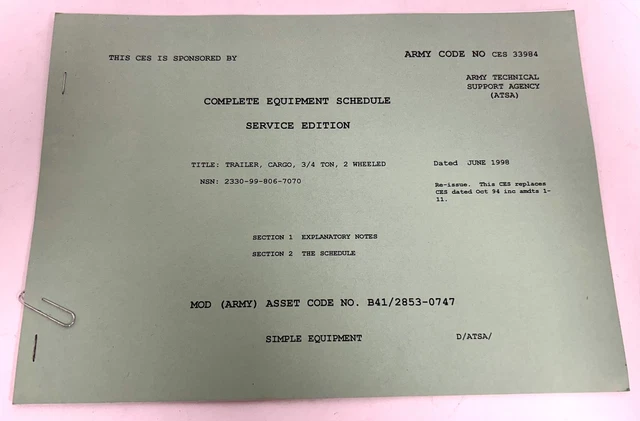 BRITISH MILITARY ISSUE Complete Equipment Schedule Army Code No.33984 £ ...