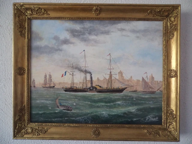 TABLEAU MARINE HUILE sur toile signé sur cadre doré EUR 203,00 - PicClick FR