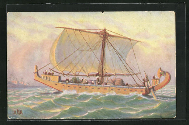 KÜNSTLER-AK CHRISTOPHER RAVE: Alt-Ägypten, Frachtschiff auf See, 1700 v ...