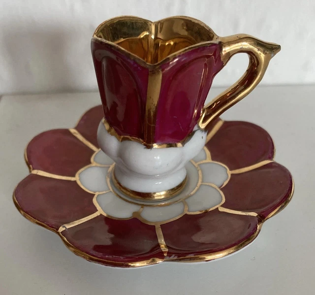 MINIATURE PORCELAIN TEACUP And Saucer, Heavily Gilded, Hand Painted £7. ...